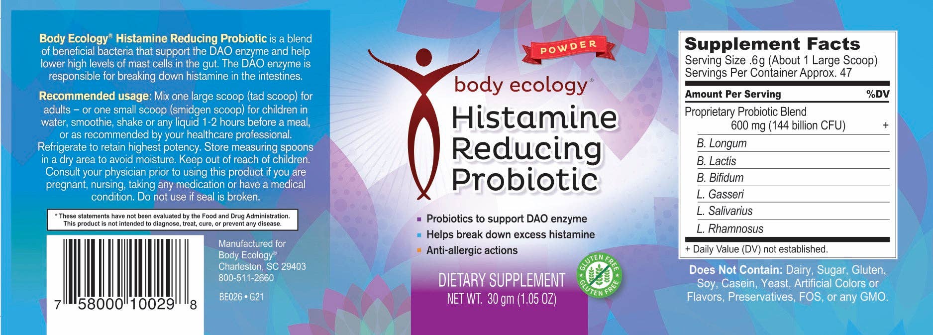 Body Ecology - Histamine Reducing Probiotic (powder probiotic) (30g ...